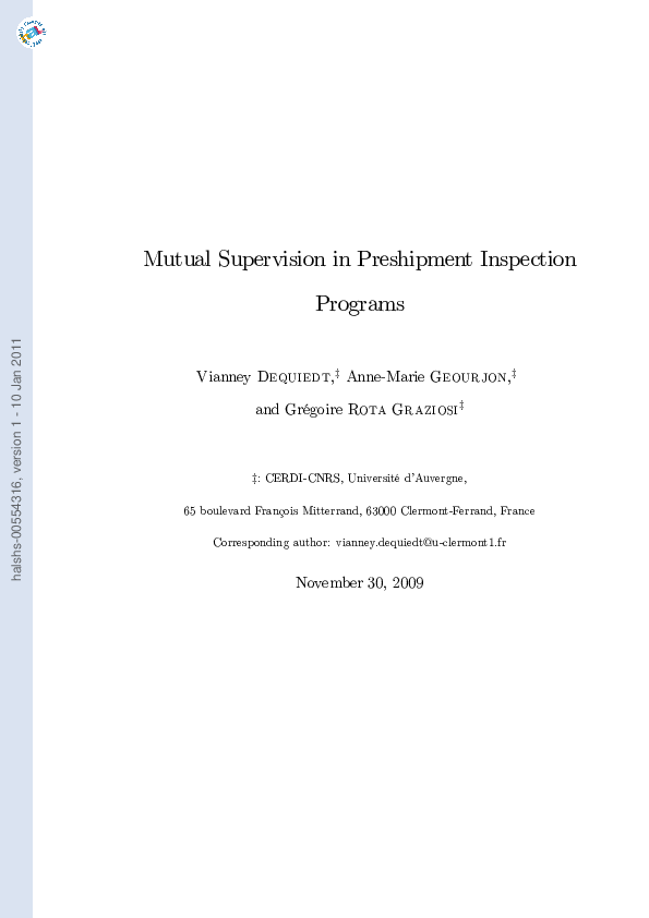 (PDF) Mutual Supervision in Preshipment Inspection Programs | Gregoire Rota - Academia.edu