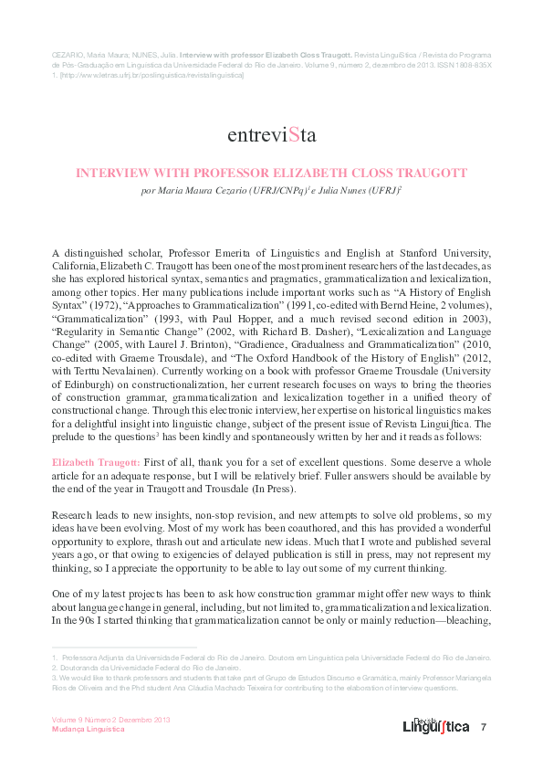 (PDF) Interview with professor Elizabeth Closs Traugott