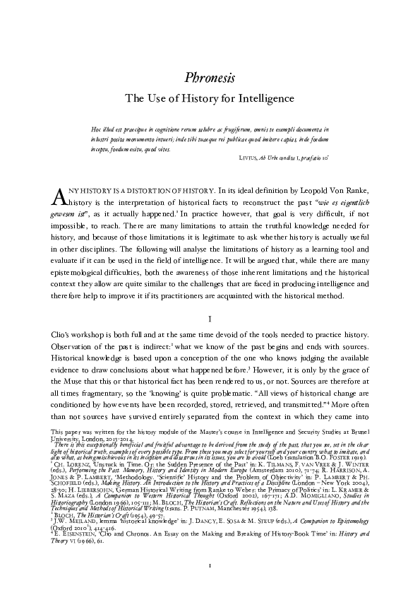 (PDF) Phronesis. The Use of History for Intelligence
