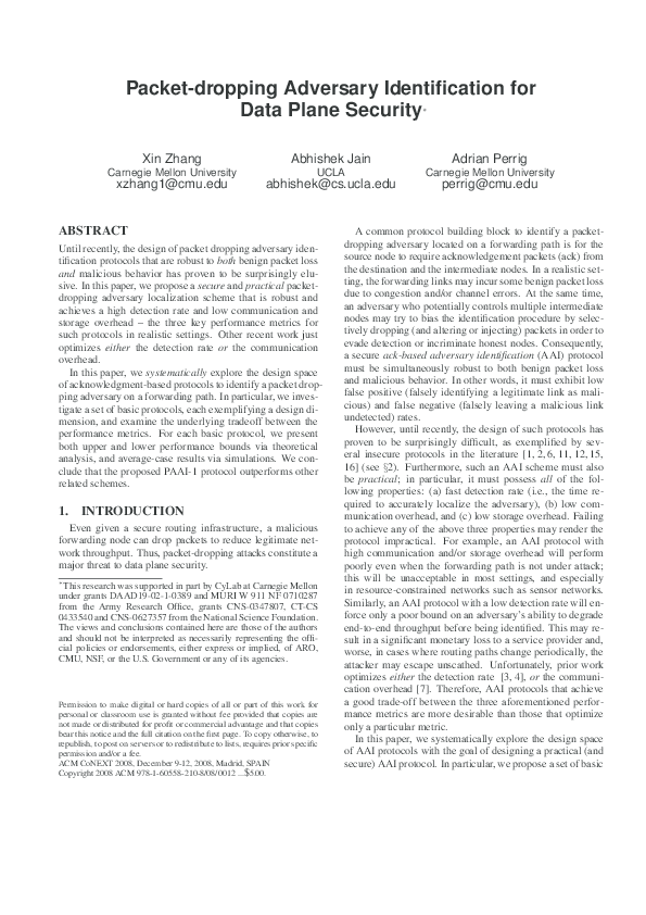 (PDF) Packet-dropping adversary identification for data plane security