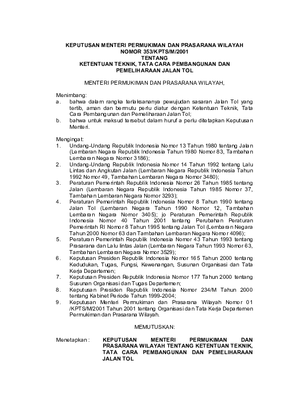 (PDF) KEPUTUSAN MENTERI PERMUKIMAN DAN PRASARANA WILAYAH NOMOR 353/KPTS/M/2001 TENTANG KETENTUAN ...