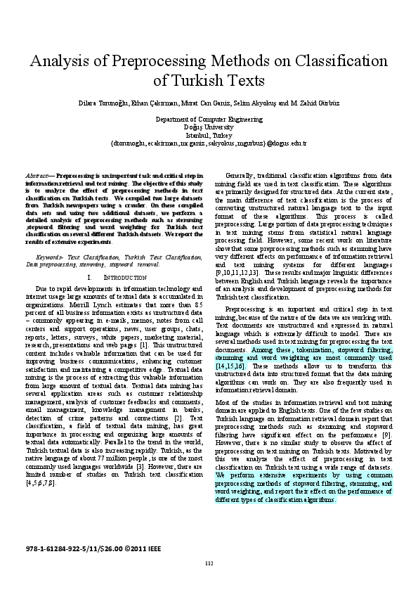 Pdf Analysis Of Preprocessing Methods On Classification Of Turkish Texts
