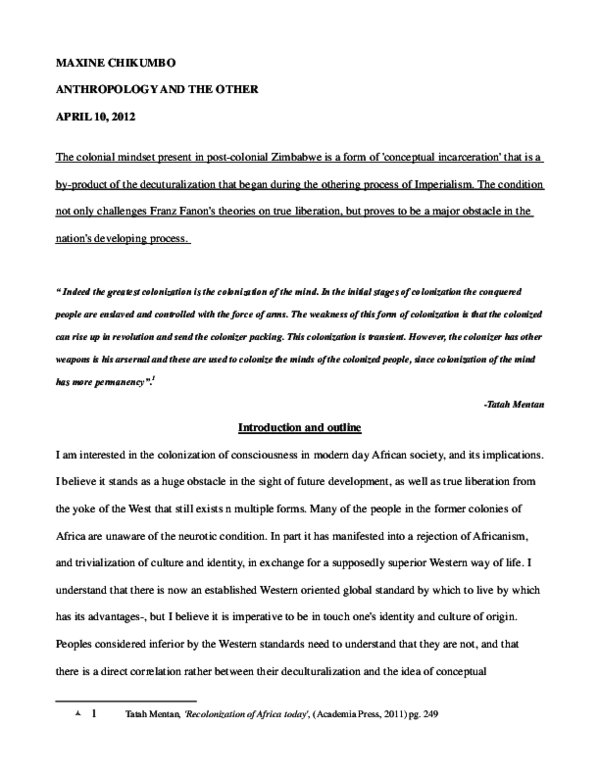 (DOC) The Colonial Mindset—Challenges in Post-Colonial Zimbabwe