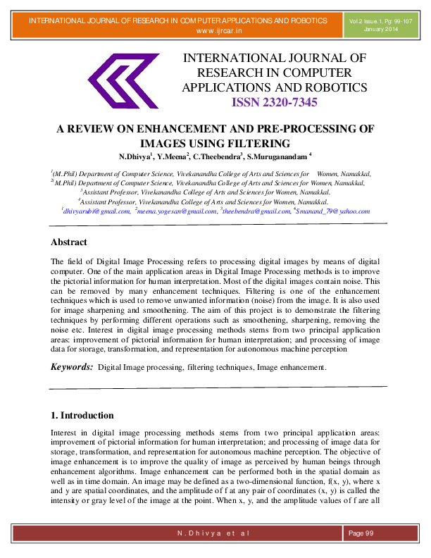 Pdf A Review On Enhancement And Pre Processing Of Images Using Filtering