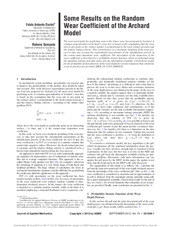 (PDF) Some Results on the Random Wear Coefficient of the Archard Model