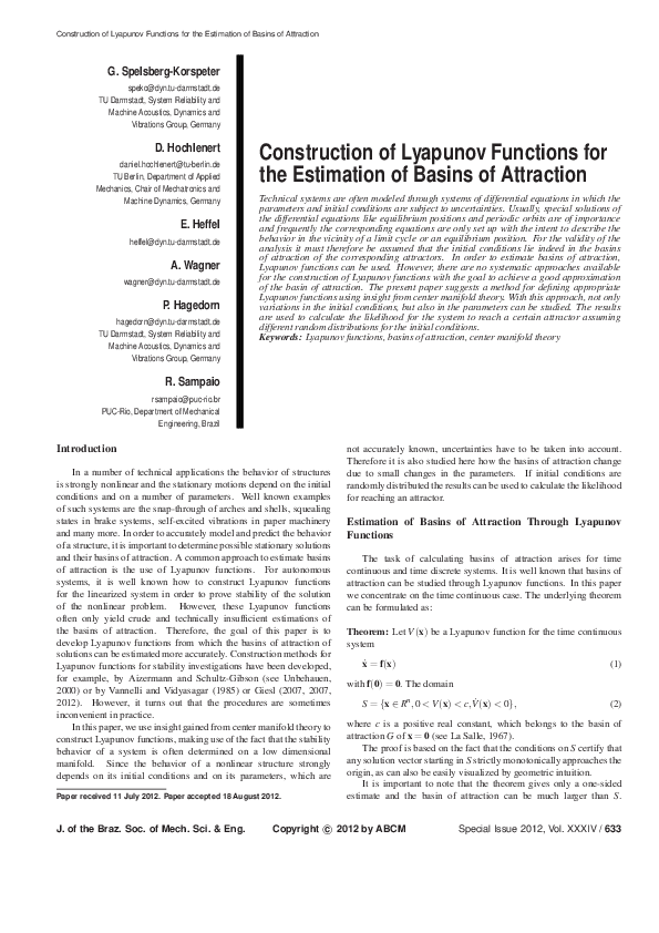 Pdf Construction Of Lyapunov Functions For The Estimation Of Basins
