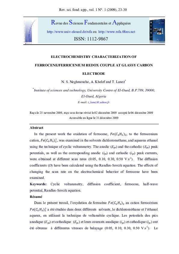 (PDF) ELECTROCHEMISTRY CHARACTERIZATION OF FERROCENE/FERRICENIUM REDOX ...