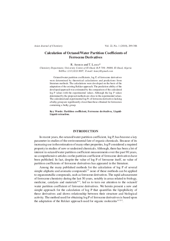 (PDF) Calculation of Octanol/Water Partition Coefficients of Ferrocene Derivatives