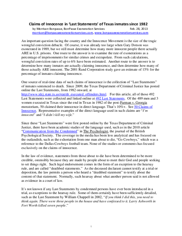(PDF) Claims of Innocence in 'Last Statements' of Texas inmates since 1982