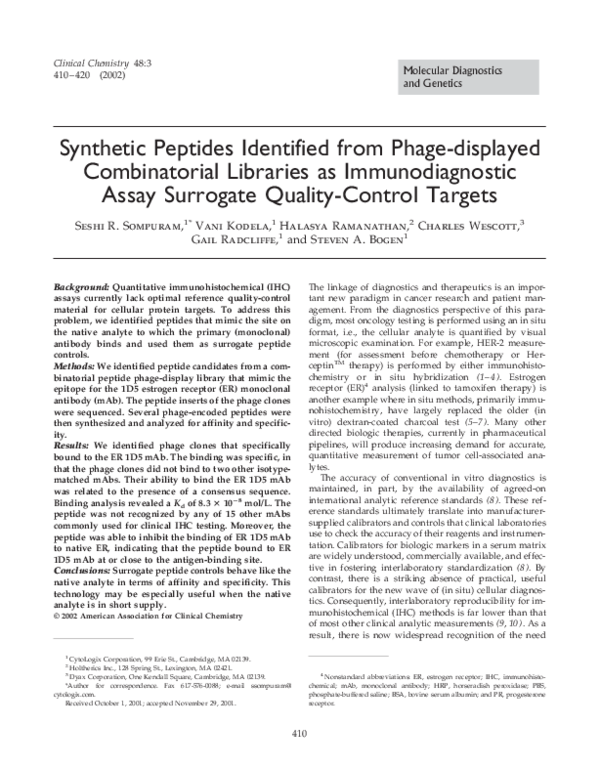 Pdf Synthetic Peptides Identified From Phage Displayed Combinatorial