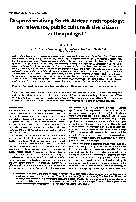 (PDF) De-provincialising South African anthropology: on relevance ...