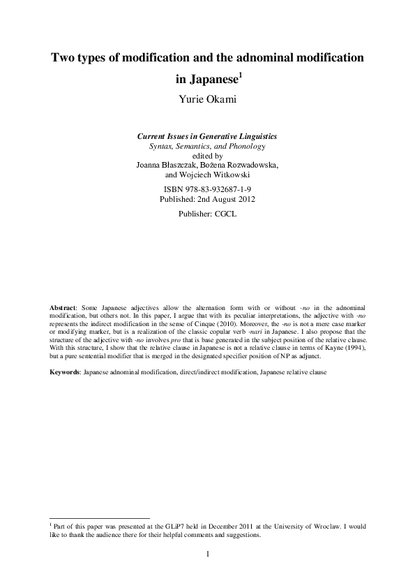 (DOC) Two Types of Modification and the Adnominal Modification in Japanese