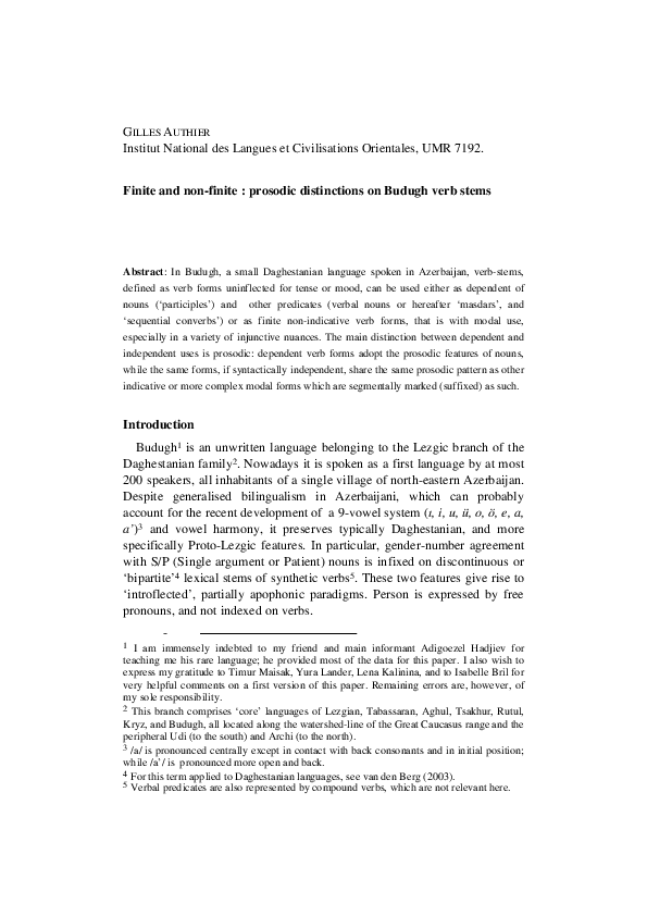 (PDF) 2010 Finite and non-finite : prosodic distinctions on Budugh verb stems, in Isabelle Bril ...
