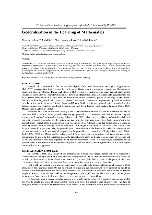(PDF) Generalization in the Learning of Mathematics
