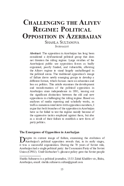 (PDF) Challenging the Aliyev Regime: Political opposition in Azerbaijan