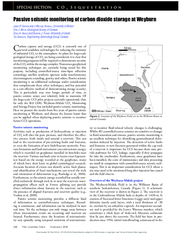 Pdf Passive Seismic Monitoring Of Carbon Dioxide Storage At Weyburn