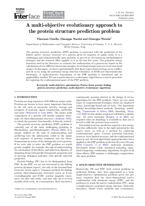 Pdf A Multi Objective Evolutionary Approach To The Protein Structure Prediction Problem