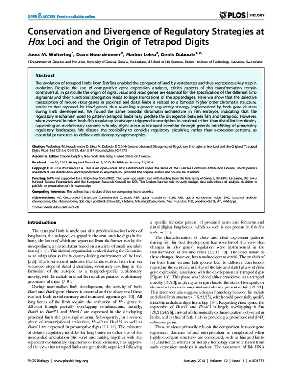 Conservation and Divergence of Regulatory Strategies at Hox Loci and the Origin of Tetrapod Digits