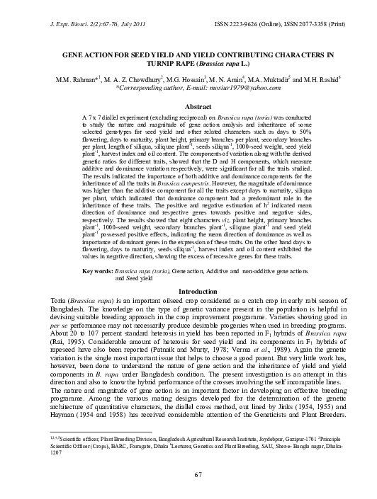 Pdf Gene Action For Seed Yield And Yield Contributing Characters In
