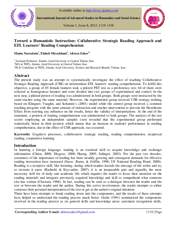 Pdf Toward A Humanistic Instruction Collaborative Strategic Reading Approach And Efl Learners