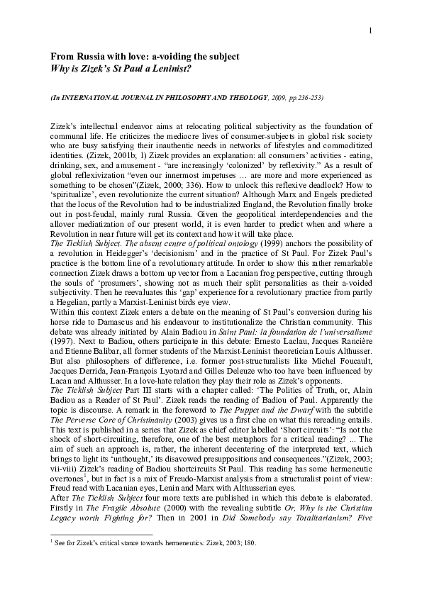 (PDF) From Russia with love: a-voiding the subject Why is Zizek’s St ...