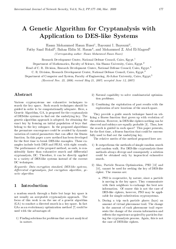 Pdf A Genetic Algorithm For Cryptanalysis With Application To Des