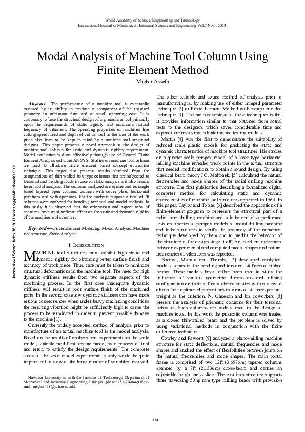 Pdf Modal Analysis Of Machine Tool Column Using Finite Element Method Megbar Assefa