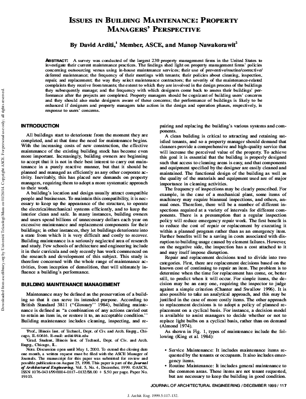 (PDF) ISSUES IN BUILDING MAINTENANCE: PROPERTY MANAGERS' PERSPECTIVE