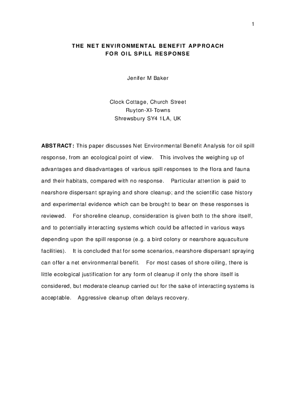 (PDF) THE NET ENVIRONMENTAL BENEFIT APPROACH FOR OIL SPILL RESPONSE