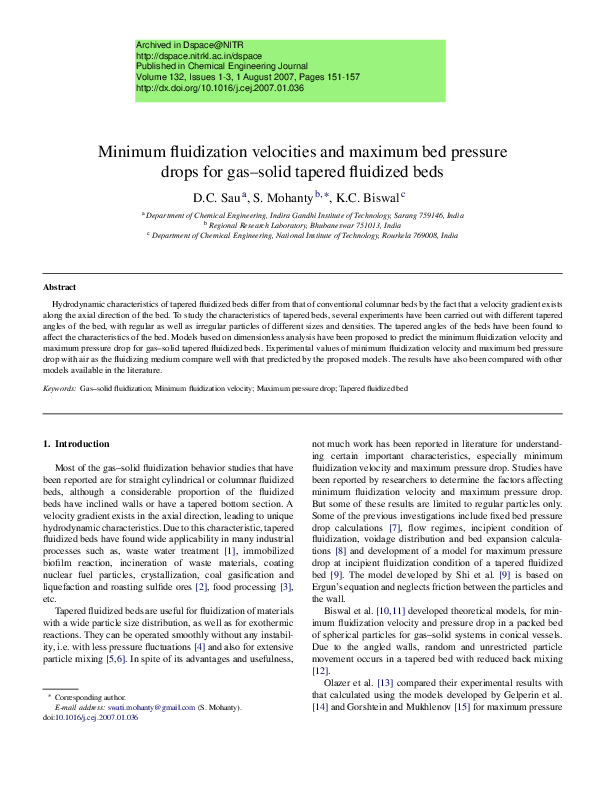 (PDF) Minimum fluidization velocities and maximum bed pressure drops for gas–solid tapered ...