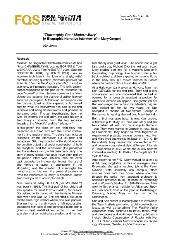 "Thoroughly Post-Modern Mary" [A Biographic Narrative Interview With ...