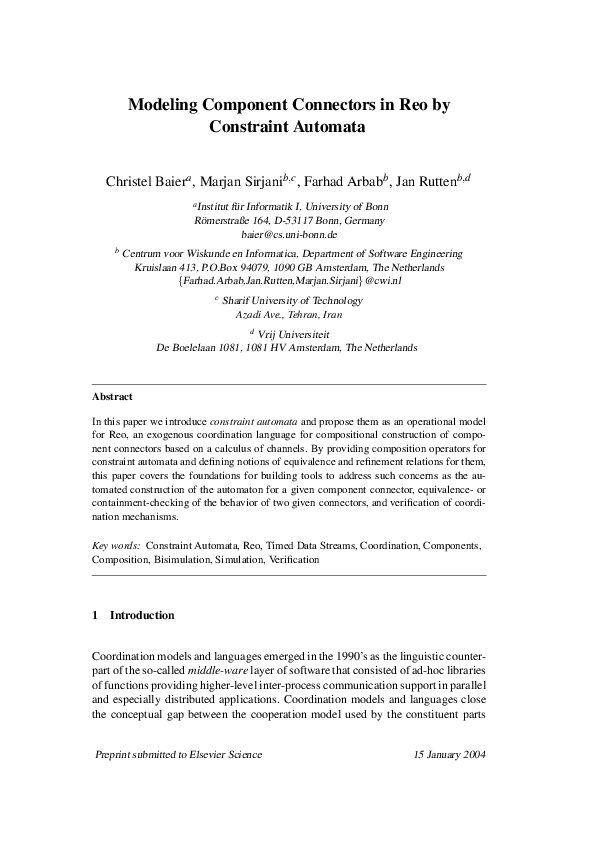 (PDF) Modeling component connectors in Reo by constraint automata