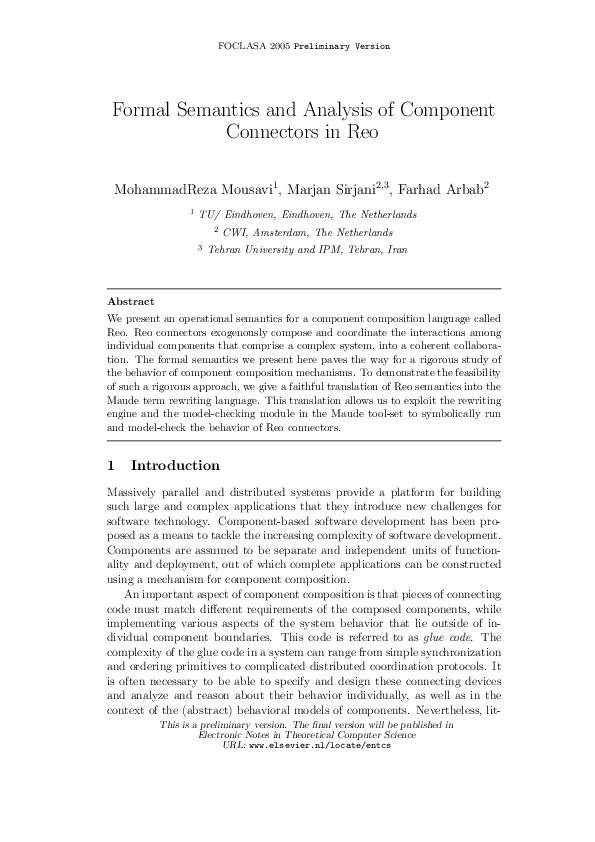 (PDF) Formal Semantics and Analysis of Component Connectors in Reo