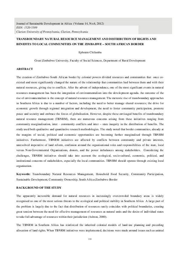 (PDF) TRANSBOUNDARY NATURAL RESOURCES MANAGEMENT AND DISTRIBUTION OF ...