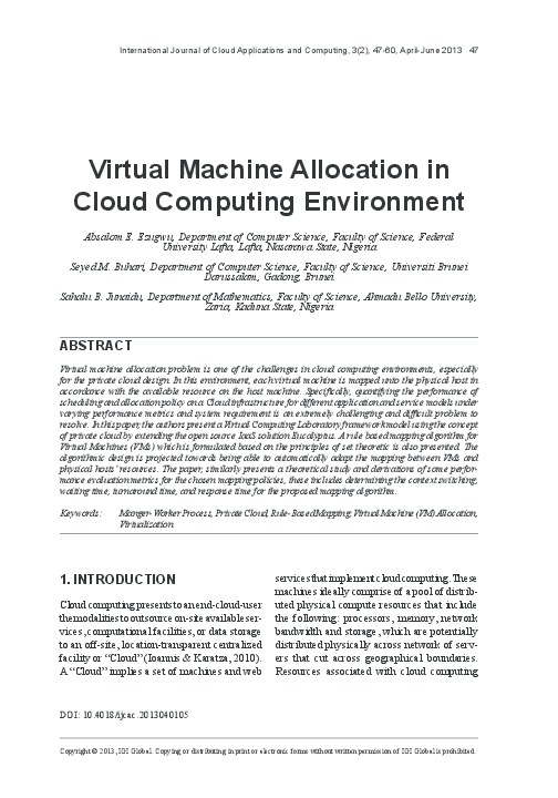 Pdf Virtual Machine Allocation In Cloud Computing Environment