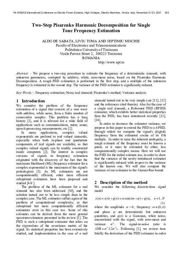 (PDF) Two-Step Pisarenko Harmonic Decomposition for Single Tone Frequency Estimation