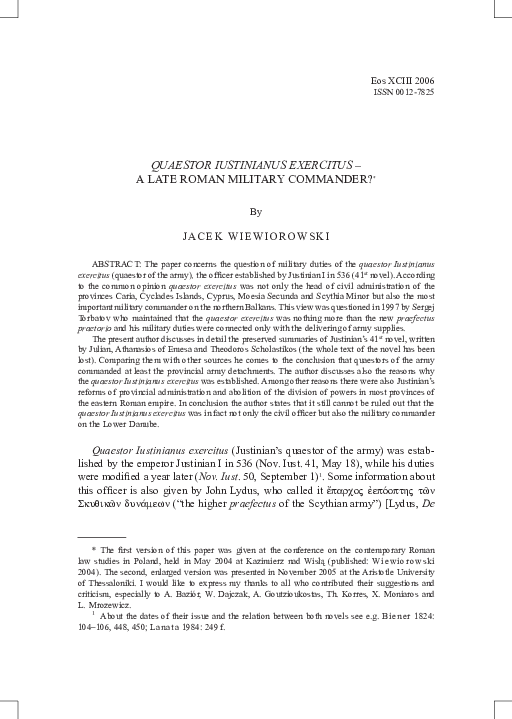 (PDF) Quaestor Iustinianus Exercitus – a Late Roman Army Commander?