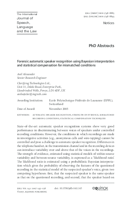 Pdf Forensic Automatic Speaker Recognition Using Bayesian Interpretation And Statistical