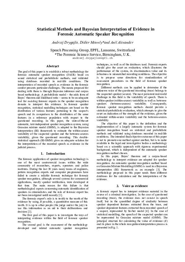 Pdf Statistical Methods And Bayesian Interpretation Of Evidence In Forensic Automatic Speaker