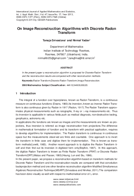 (PDF) On Image Reconstruction Algorithms with Discrete Radon Transform