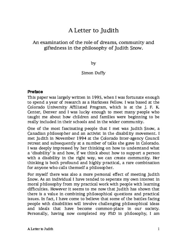 (PDF) Thoughts on Inclusion: a letter to Judith Snow