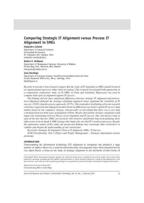 (PDF) Comparing Strategic IT Alignment versus Process IT Alignment in SMEs