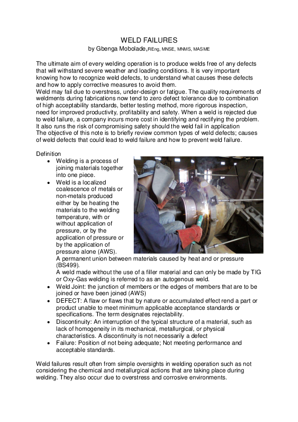 (DOC) WELD FAILURES