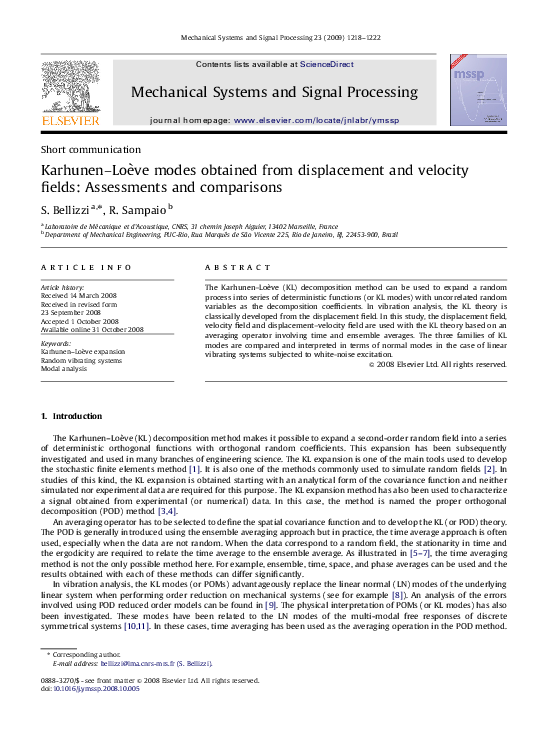 Pdf Karhunenloe`ve Modes Obtained From Displacement And Velocity