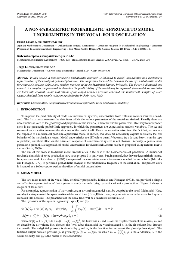 (PDF) A NON-PARAMETRIC PROBABILISTIC APPROACH TO MODEL UNCERTAINTIES IN THE VOCAL FOLD OSCILLATION