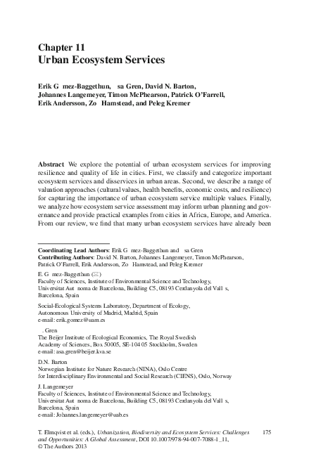 (PDF) Urban Ecosystem Services