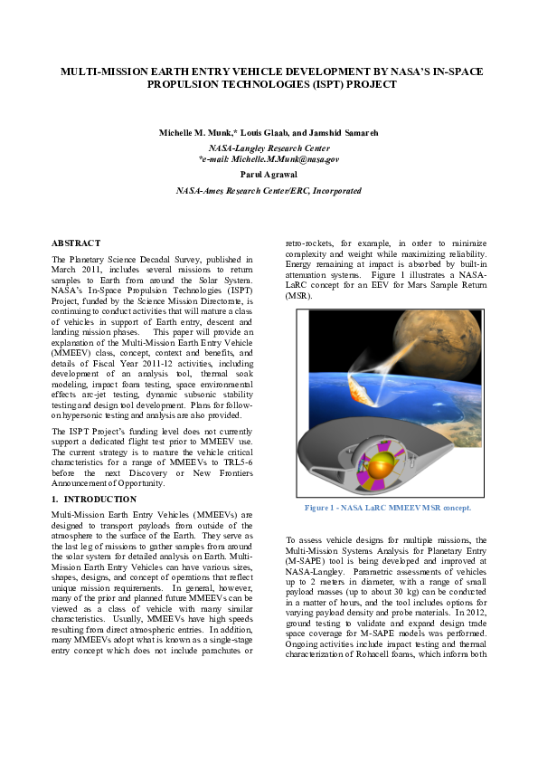 (PDF) MULTI-MISSION EARTH ENTRY VEHICLE DEVELOPMENT BY NASA'S IN-SPACE ...