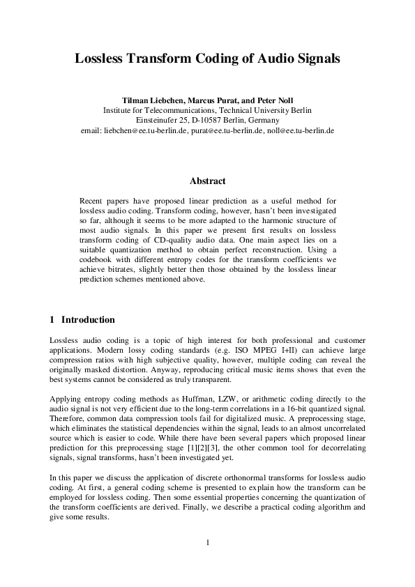 Pdf Lossless Transform Coding Of Audio Signals