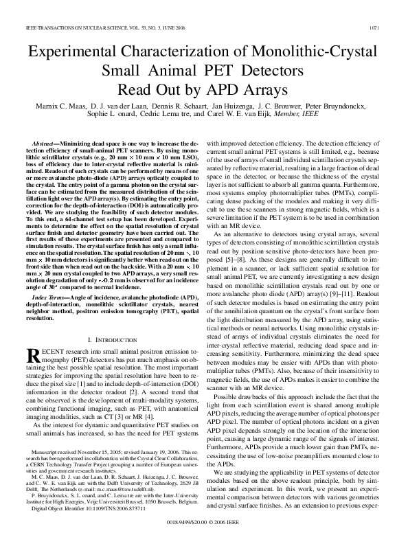 (PDF) Experimental characterization of monolithic-crystal small animal PET detectors read out by ...