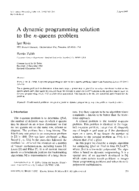 (PDF) A Dynamic Programming Solution to the n-Queens Problem (PDF) A Dynamic Programming Solution to the n-Queens Problem